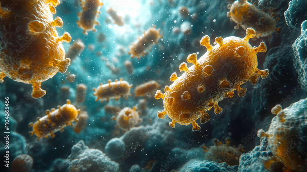 Microscopic view of bacteria and viruses in an aquatic environment ...