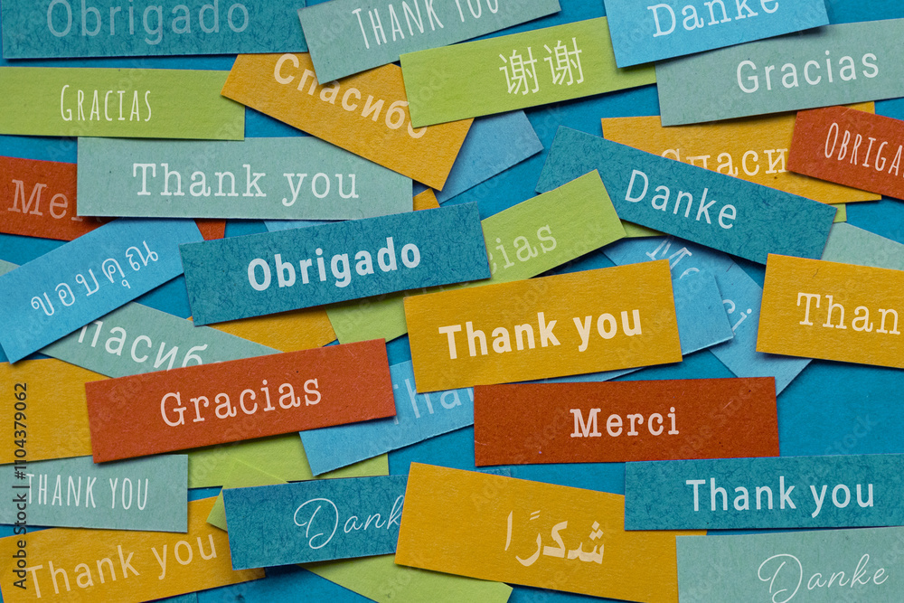 thank you in different languages, many thanks colorful papers, merci ...