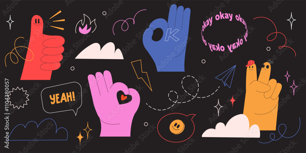 Playful colorful illustration featuring hand gestures, speech bubbles ...