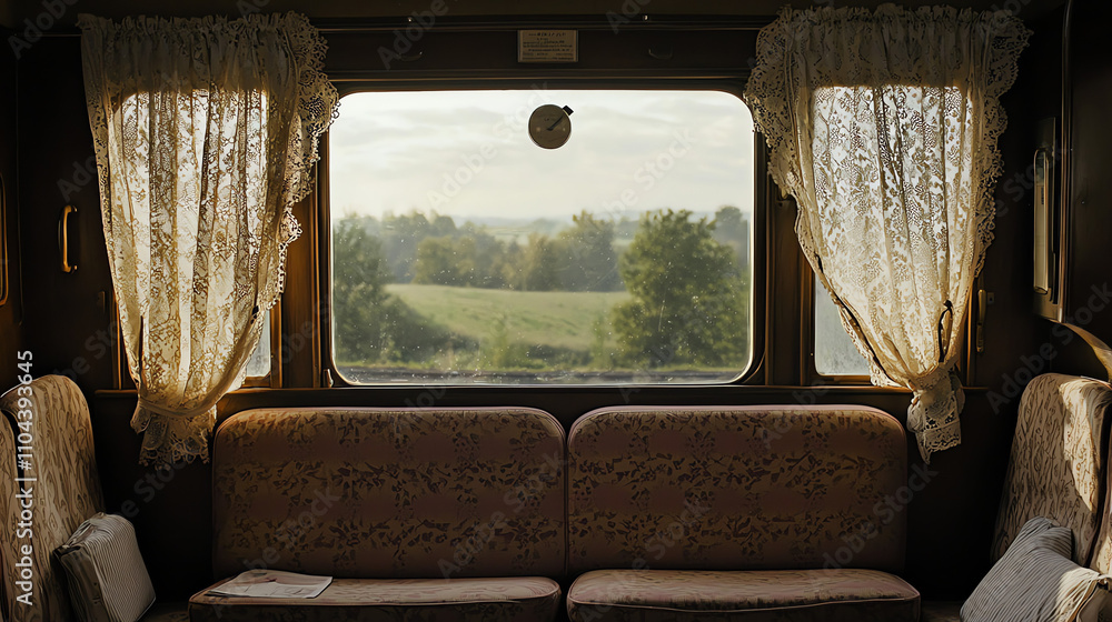 Nostalgic train cabin with lace curtains and upholstered seats inviting ...