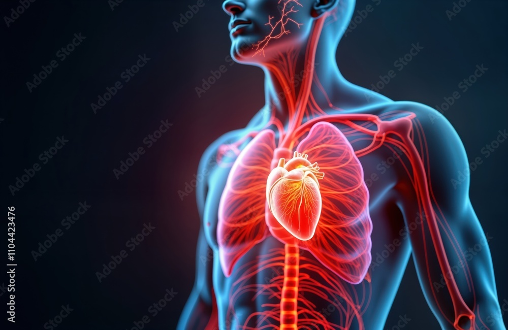Male model chest pain. Heart highlighted in red. Medical illustration ...