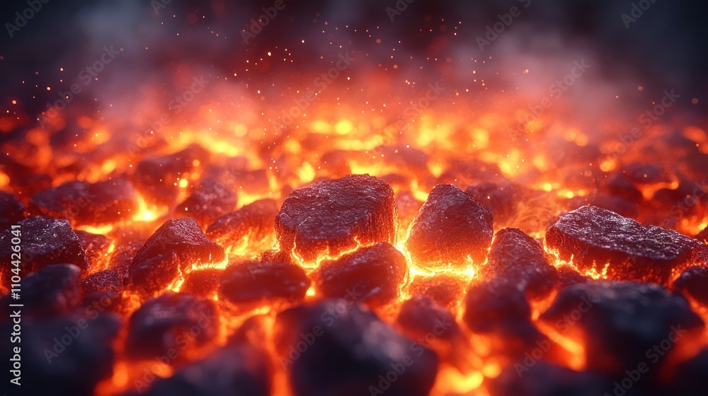 Lava glows intensely as it flows over dark volcanic rocks under dim ...
