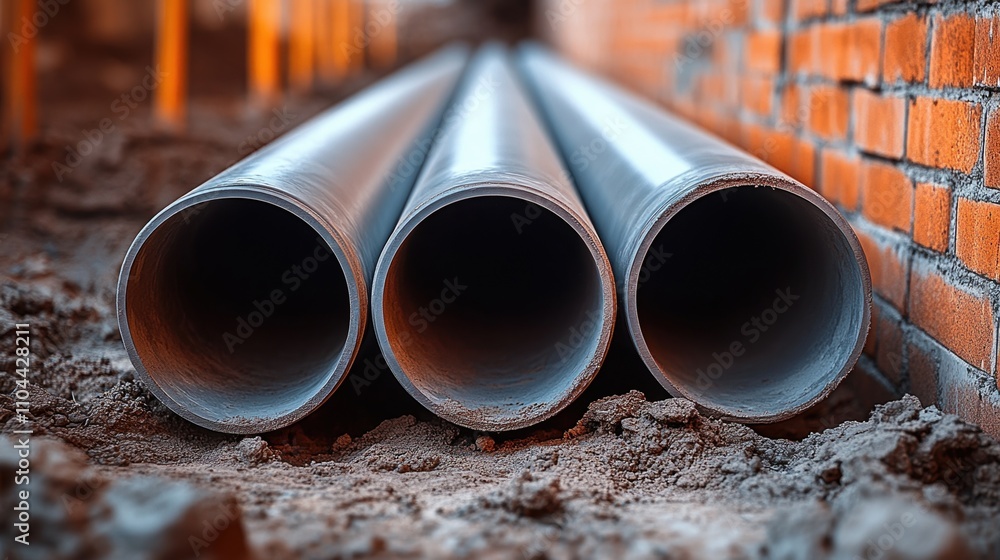 Detailed view of grey plastic pressure pipes installed underground for ...