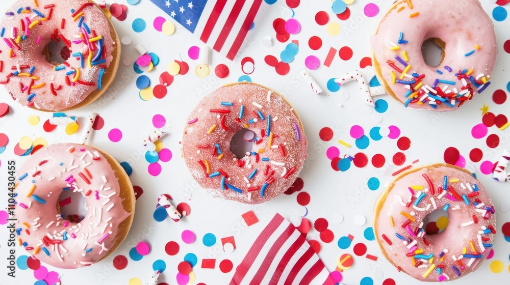 photograph of Flat lay USA donuts, American flags, confetti isolated on ...