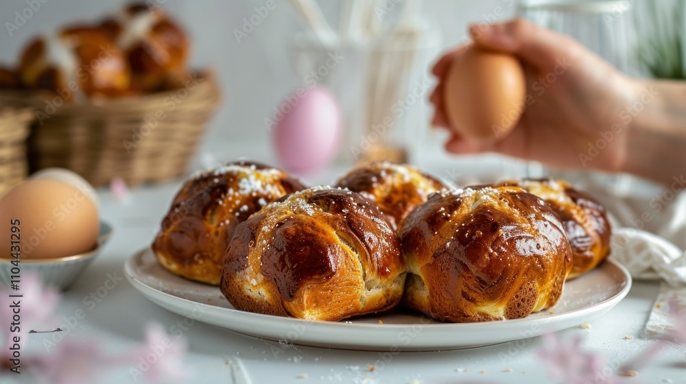 photograph of food photography of hot cross buns on white table, easter ...