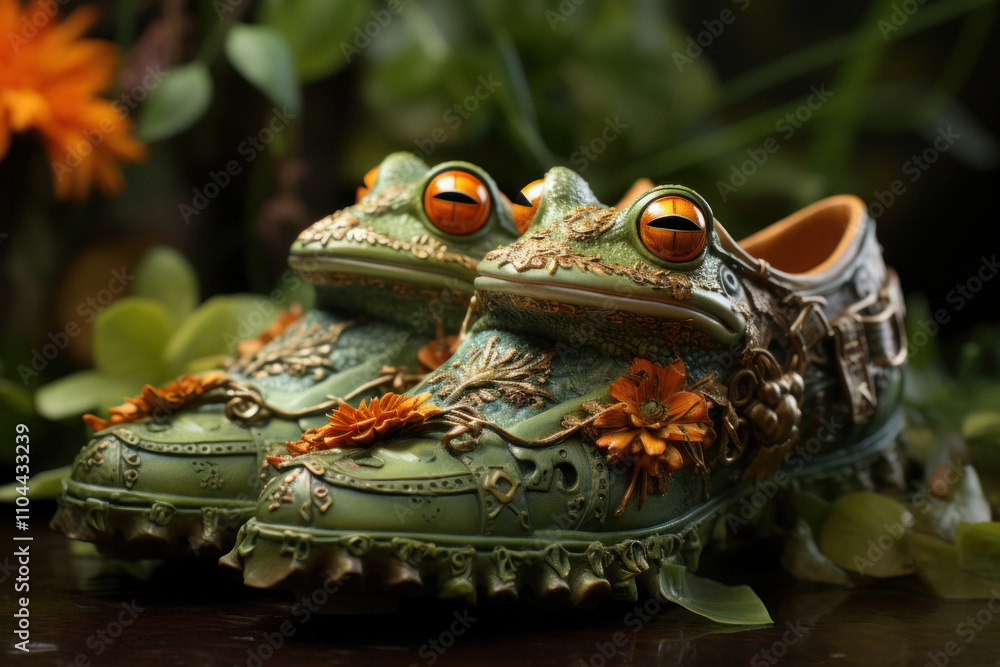 unusual green shoes, designed in the shape of frogs. The frog eyes ...