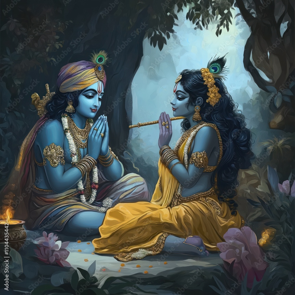 Lord Krishna and Radha. Religious Hindu art. Krishna plays flute. Radha ...