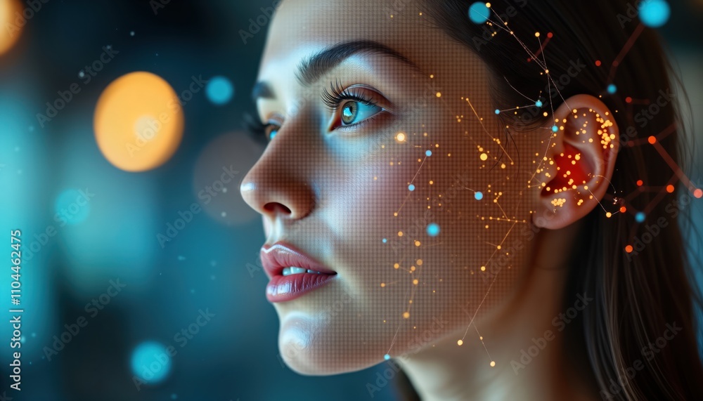 Close-up female face profile. AI tech overlay shows face data network ...