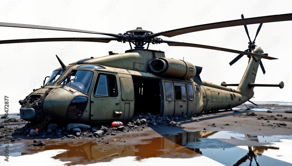 Military helicopter wreckage lies on muddy ground. Damaged rotor ...