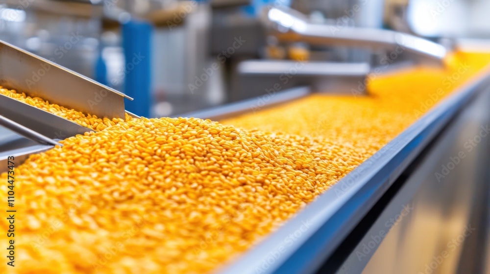 High-tech food processing line sorting golden grains for packaging in ...