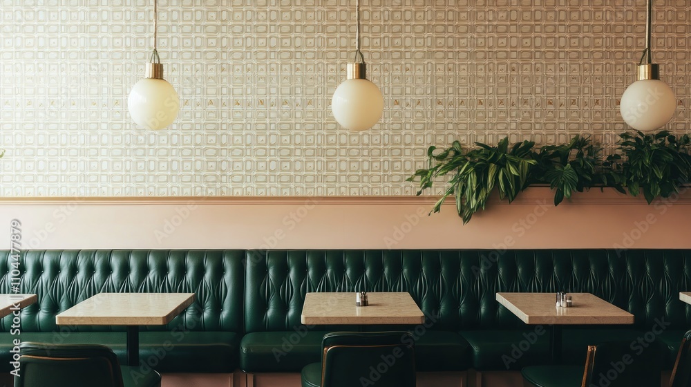 Retro diner booth with green leather seating, pale pink wall, and ...