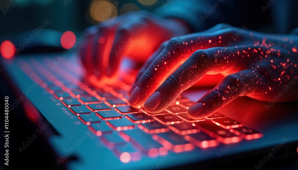 Hands type on laptop keyboard. Red glowing areas represent pain from ...