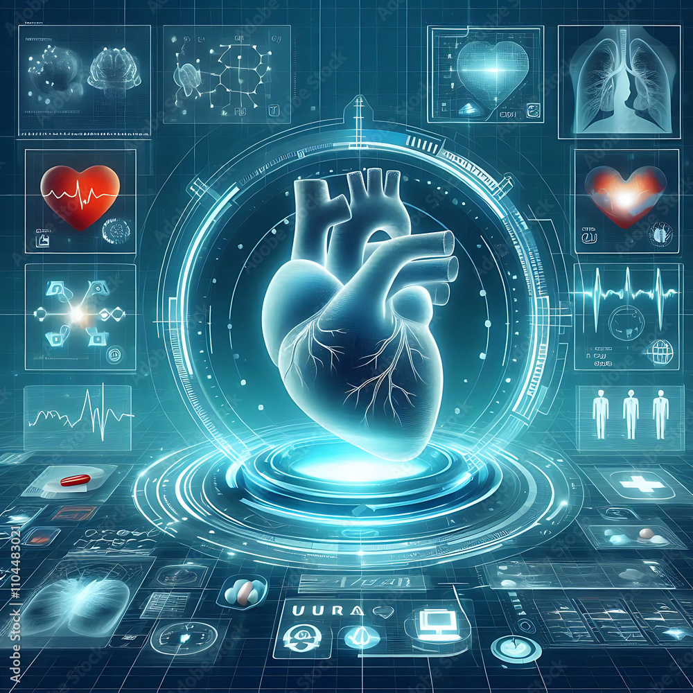 Ilustración de Stock Heart health care technology with scan virtual ...