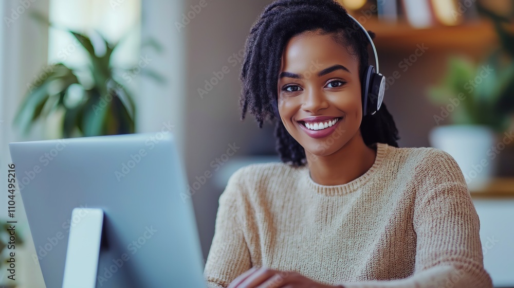 Happy African American woman working remotely on virtual video call ...