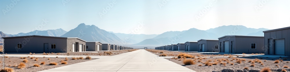 Many gray metal buildings line paved road in desert landscape ...