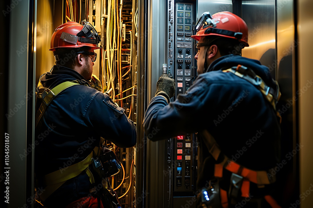 Two elevator technicians wearing safety harnesses and helmets are ...