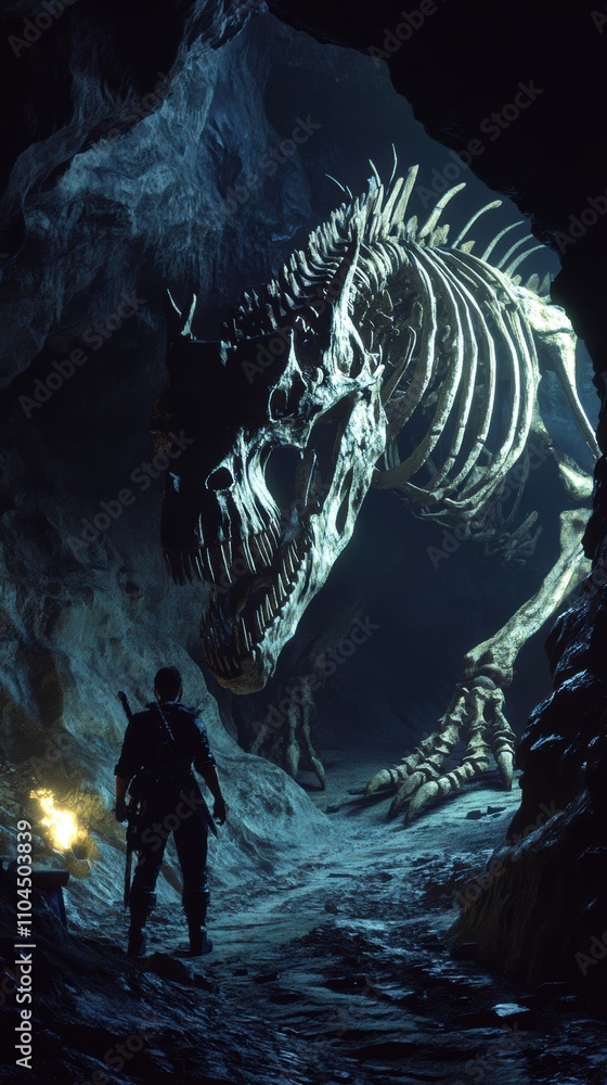 Ancient dragon skeleton in a dark cave, dim torch light, anime ...