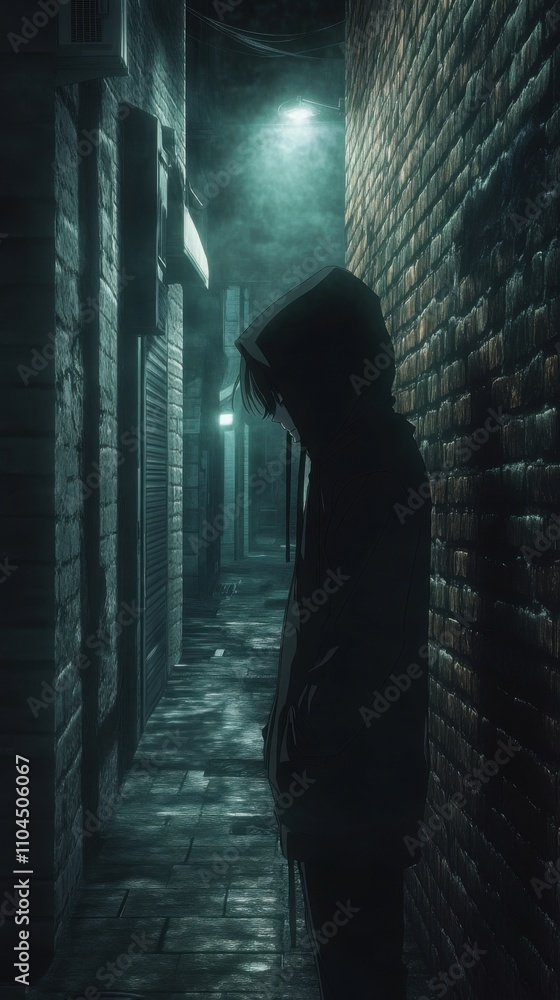 Anime character in a haunted alley at midnight, shadows creeping ...