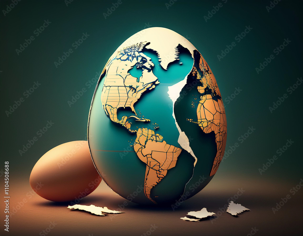 Egg with a crack shaped like a map, symbolizing global unity and ...