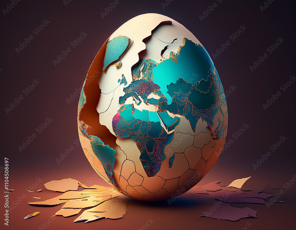 Egg with a crack shaped like a map, symbolizing global unity and ...