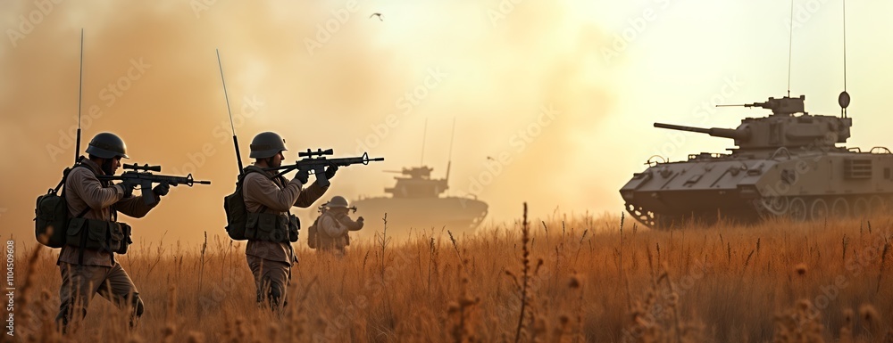 Soldiers in military uniform stand in golden field with tanks ...