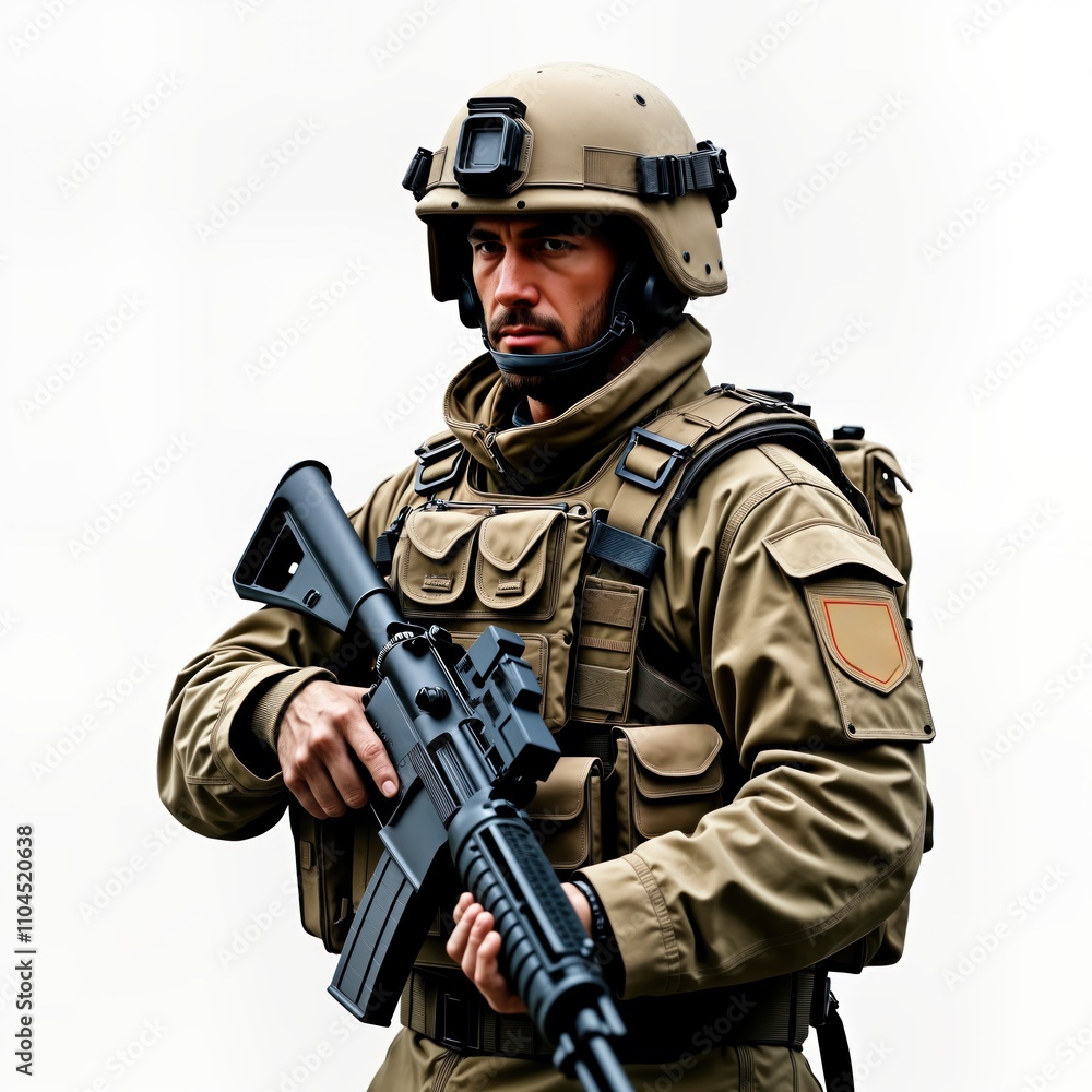 Military soldier stands ready. Soldier wears protective uniform ...