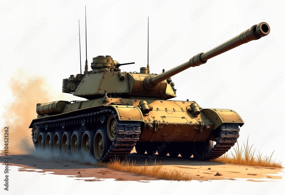 Military tank moving on sandy terrain. Heavy armored vehicle with long ...