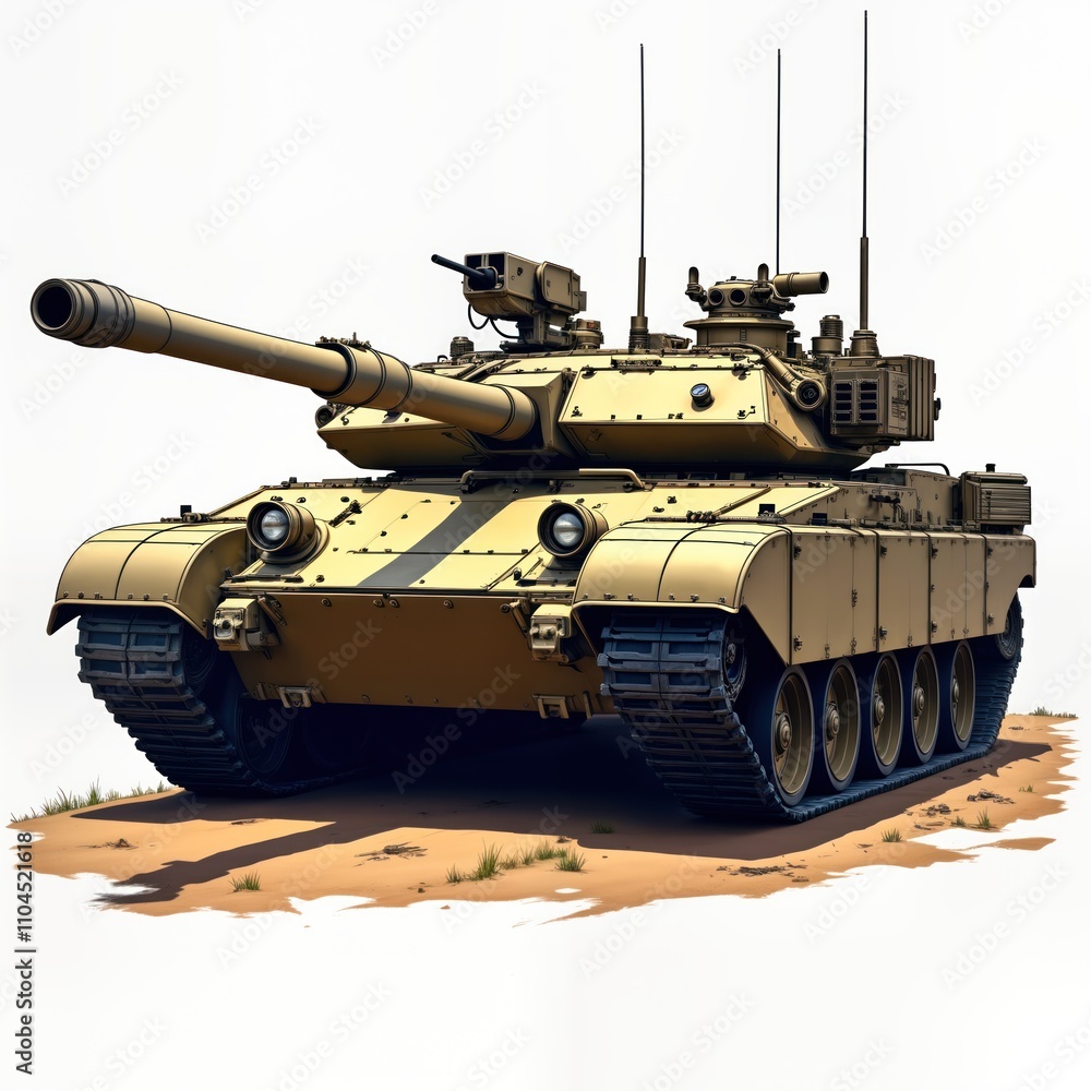 Powerful M1 Abrams tank stands on sandy terrain. Military machine ...