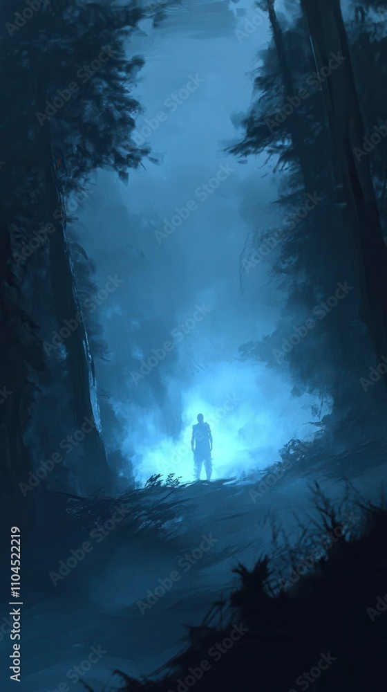 Ghostly figure in a dark forest, eerie mist around, soft blue glow ...
