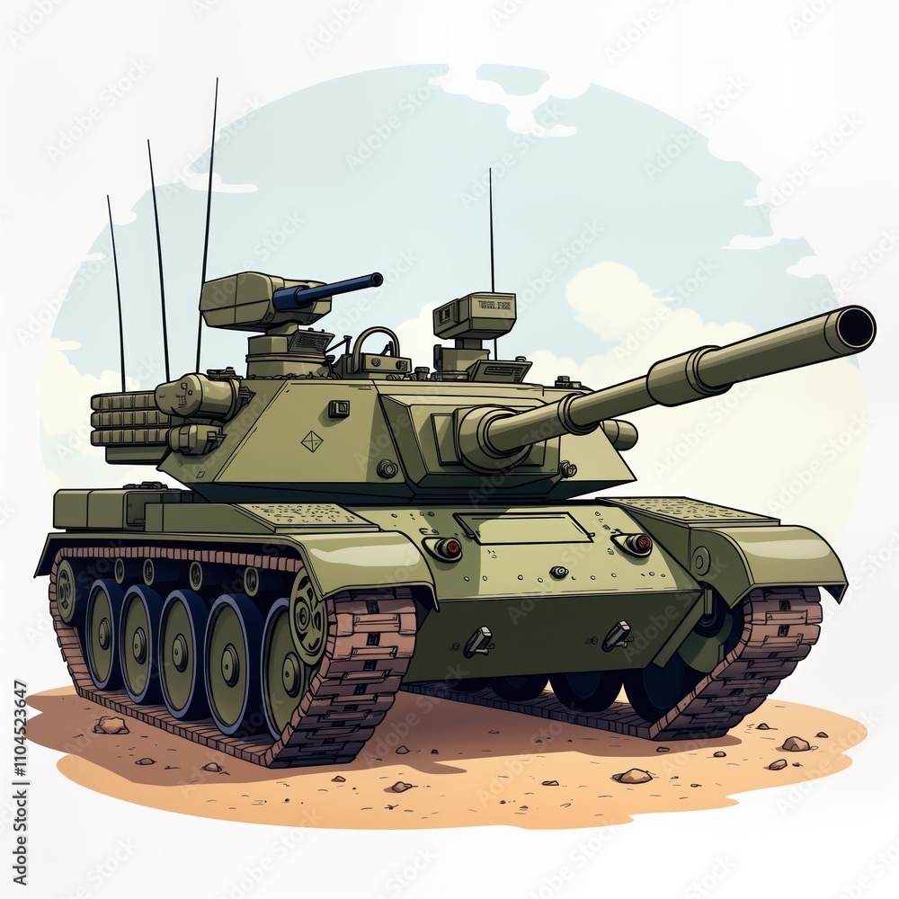 Military tank illustration. Powerful armored vehicle. Green camouflage ...
