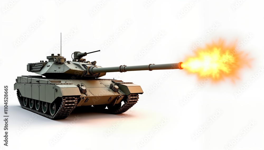 Military tank fires cannon. Powerful weapon on white background ...