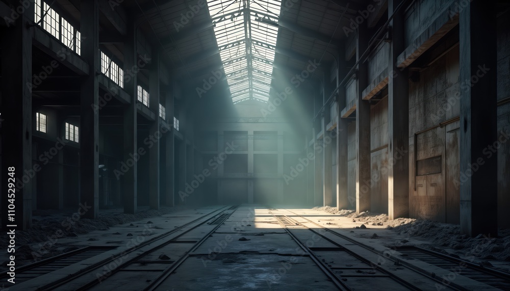 Abandoned warehouse interior. Dim light illuminates dusty floor ...
