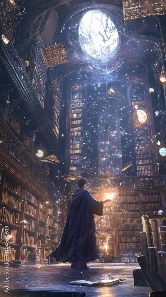 Young wizard casting a spell in a grand library, flying books, magical ...