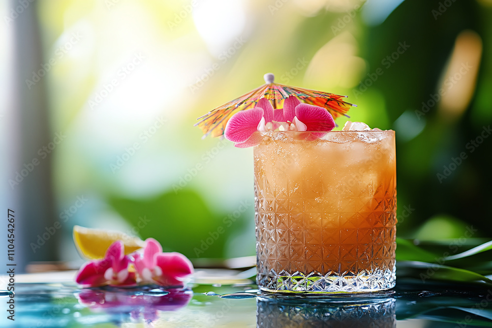 Um-based tiki cocktail with floating orchid and umbrella garnish. Stock ...