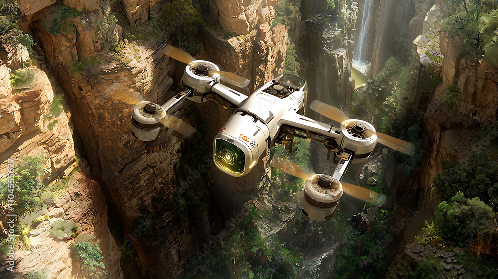 AI powered drone flying over lush canyon with waterfalls, showcasing ...