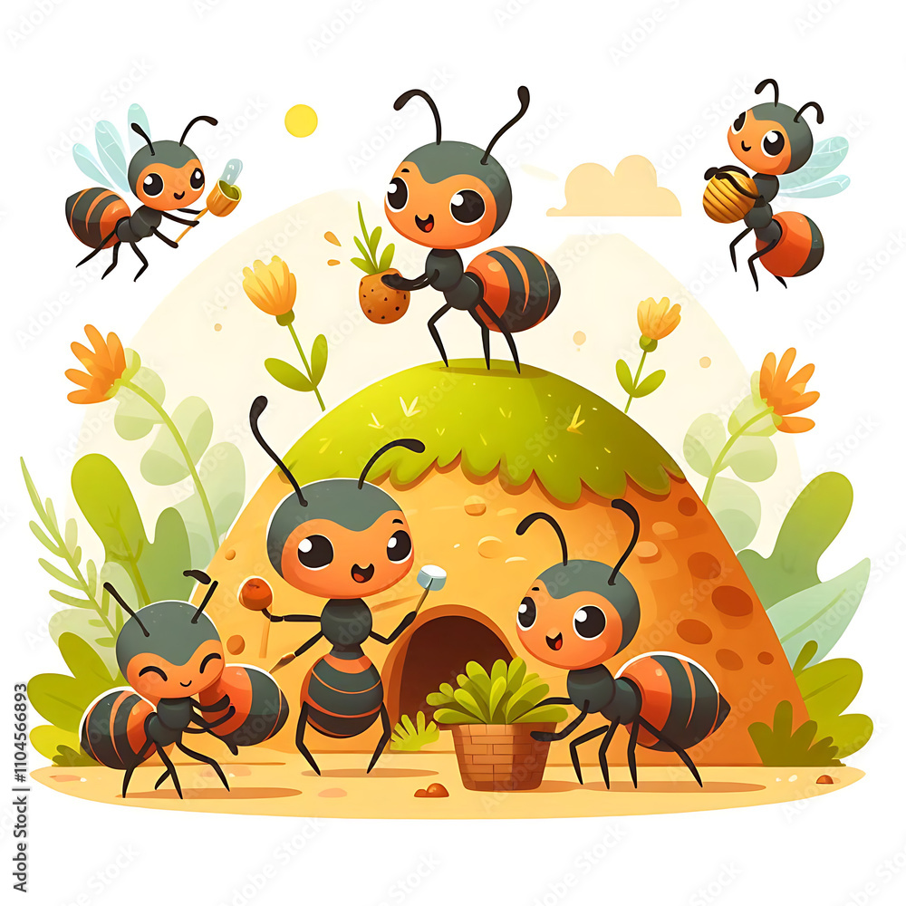 Cartoon ant builders characters near anthill. Team of ants wearing ...