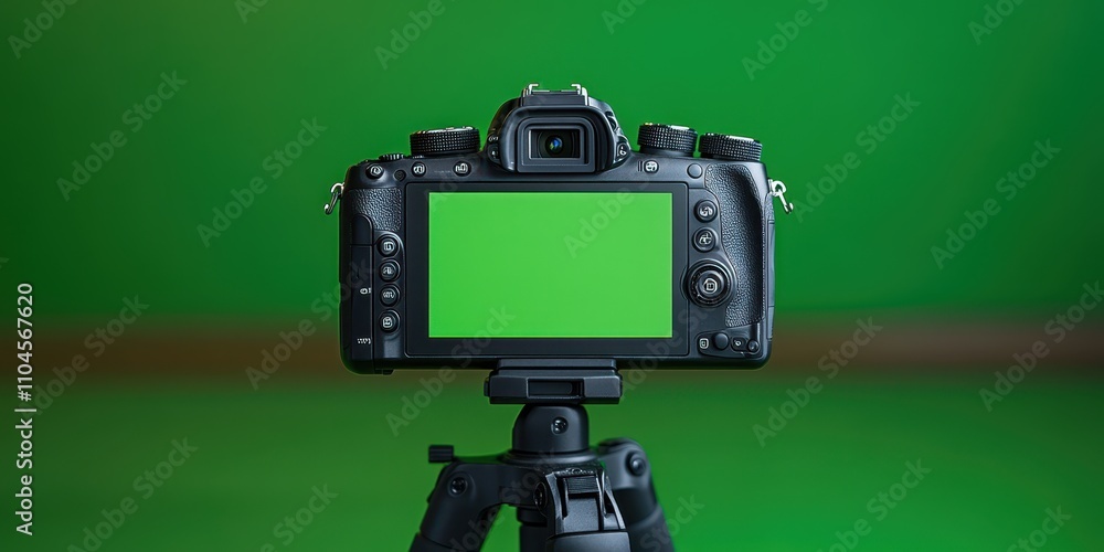 A professional camera set against a vibrant green backdrop, ideal for ...