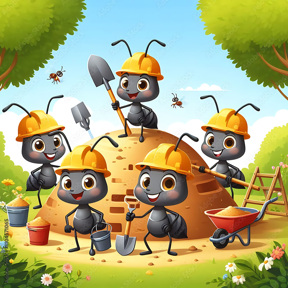 Cartoon ant builders characters near anthill. Team of ants wearing yellow construction helmets ...