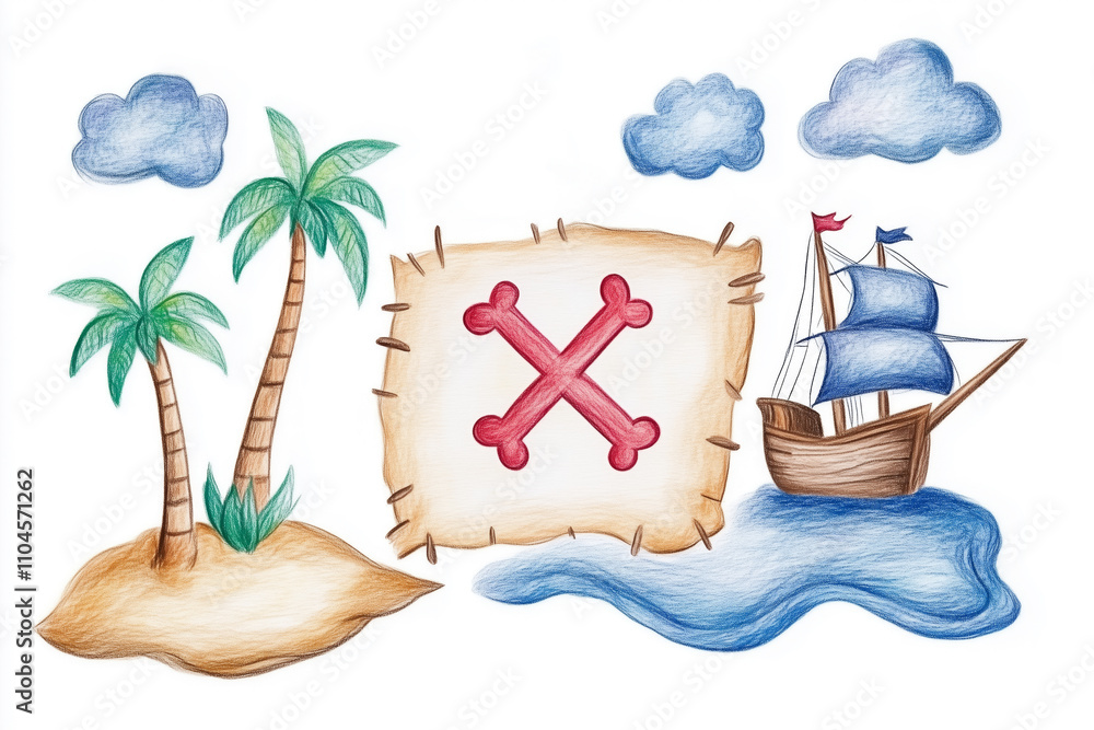 Chalk drawing of a treasure map with an X marking the spot, palm trees ...