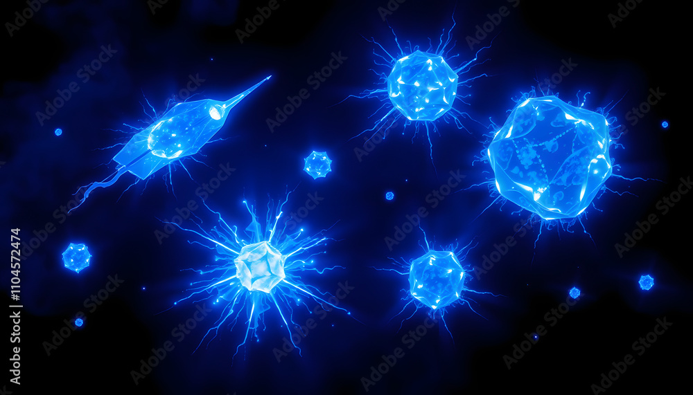 Set of blue glowing plasma energy objects in space isolated with white ...