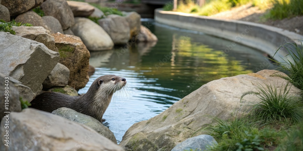 Playful Otter Peeking Out from a Cluster of Rocks - Candid Wildlife ...
