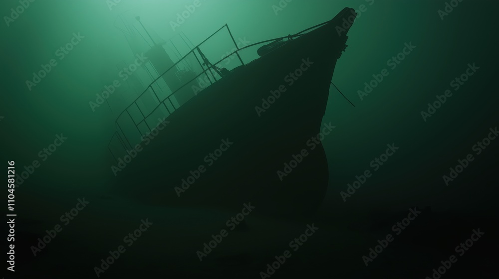 Sunken shipwreck in the depths of a dark ocean: mysterious underwater ...