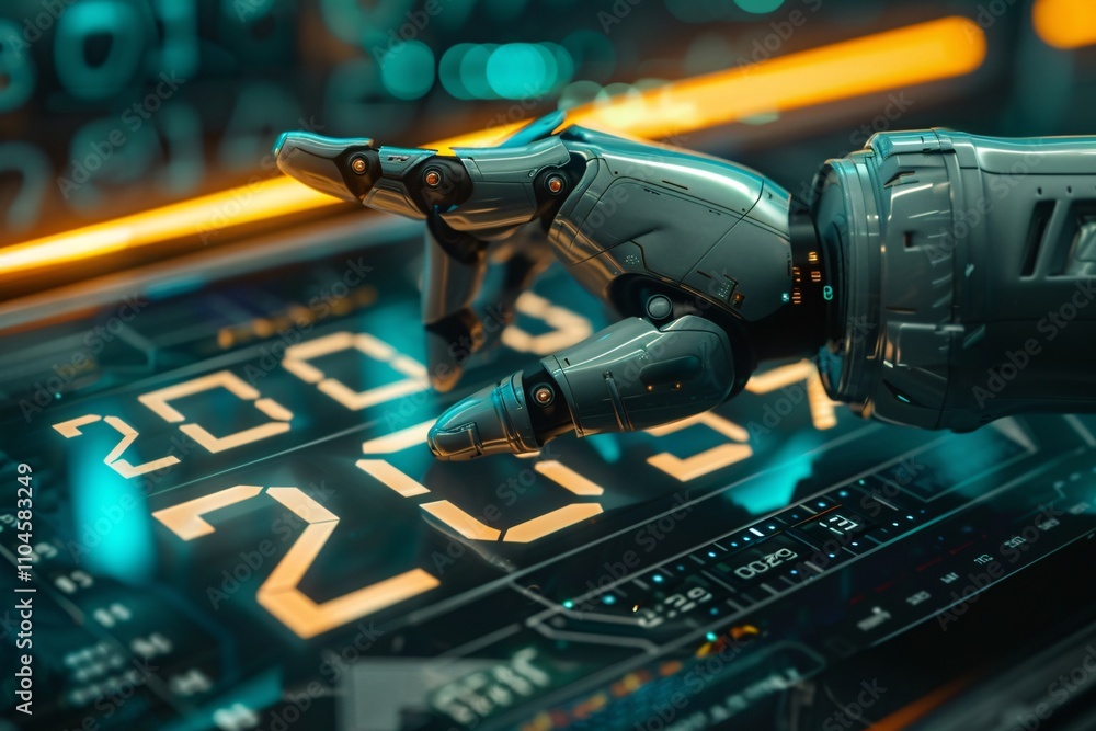 A robotic hand reaches towards a high-tech control panel displaying ...