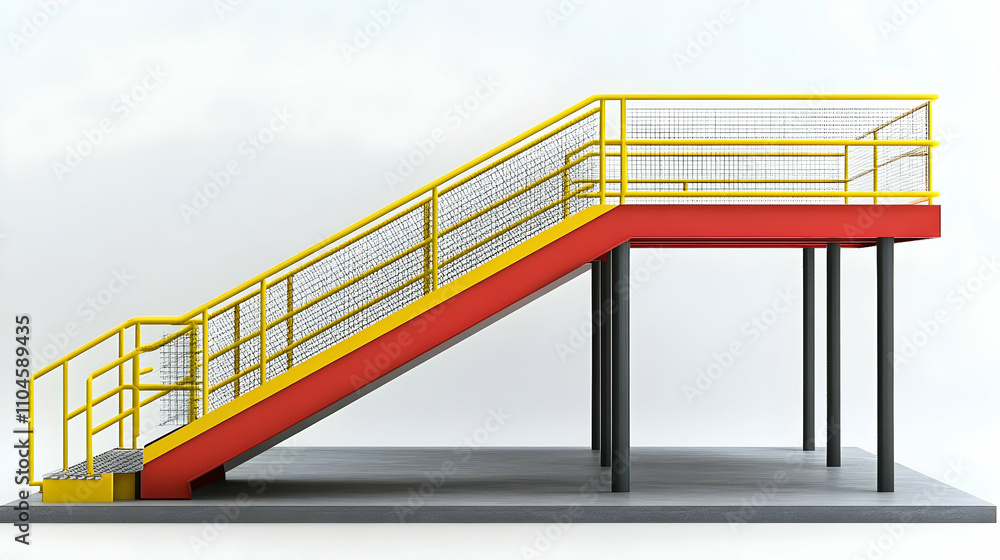 Elevated Red & Yellow Staircase with Mesh Railing, Industrial Design ...