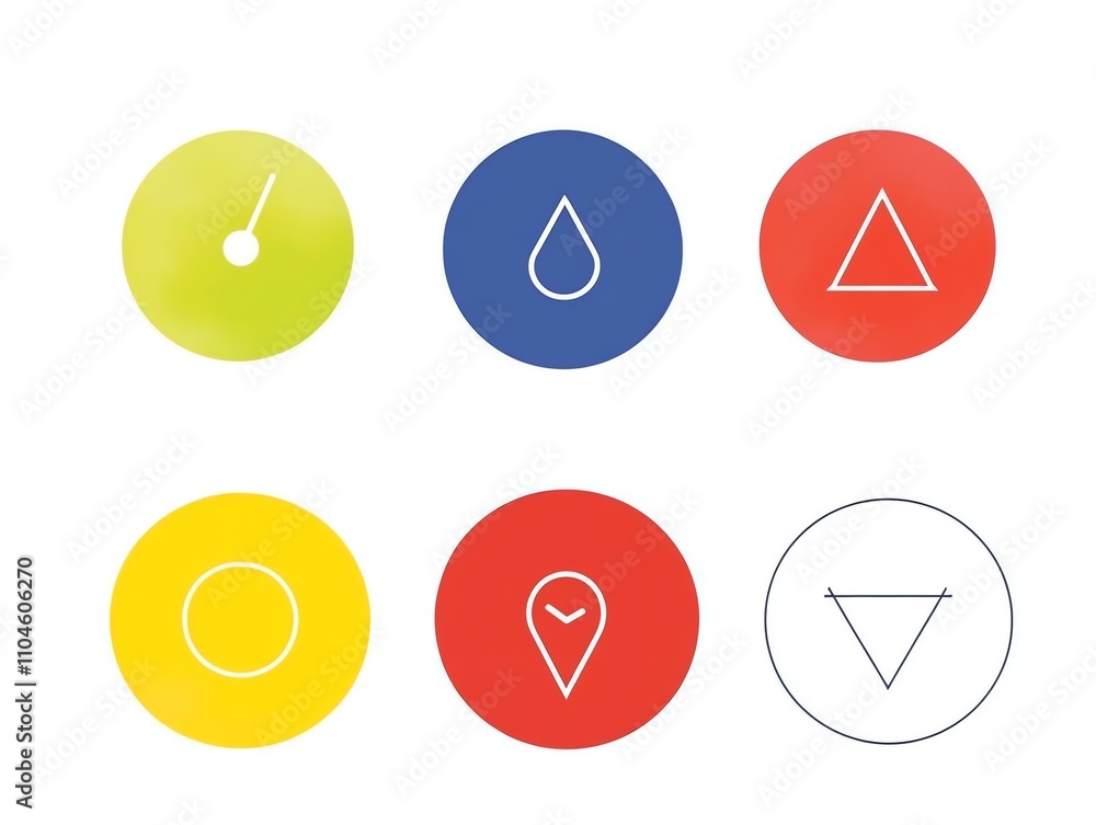 business icon, 6 circular shapes in yellow red blue white on white ...