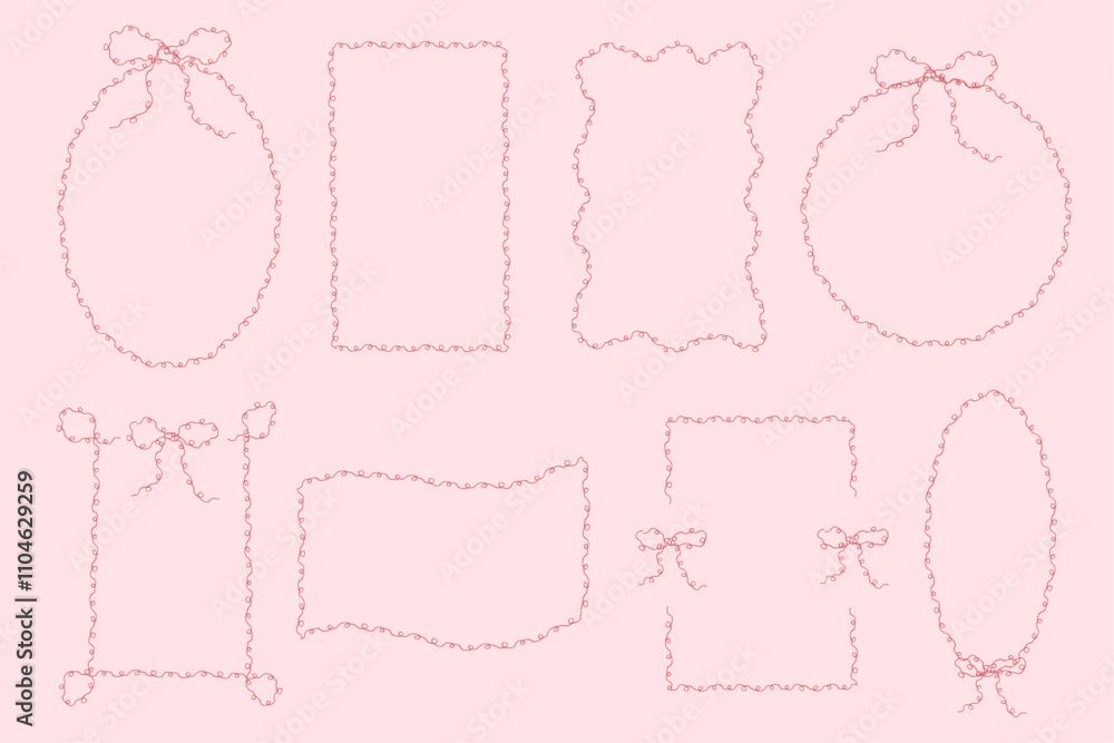 Set of romantic whimsical borders and frames with bow, ribbon. Round ...