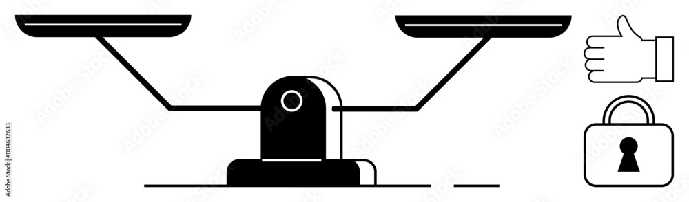 Balanced scale with thumbs-up and lock symbols. Ideal for concepts of ...