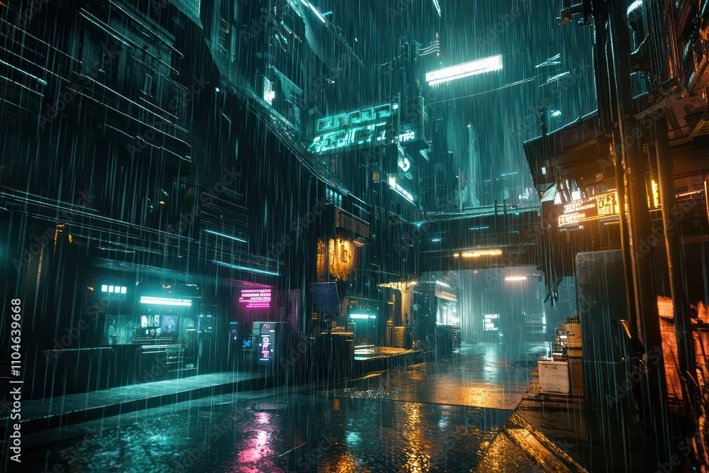 Cyberpunk neon city at night, dark streets with rain-soaked buildings ...