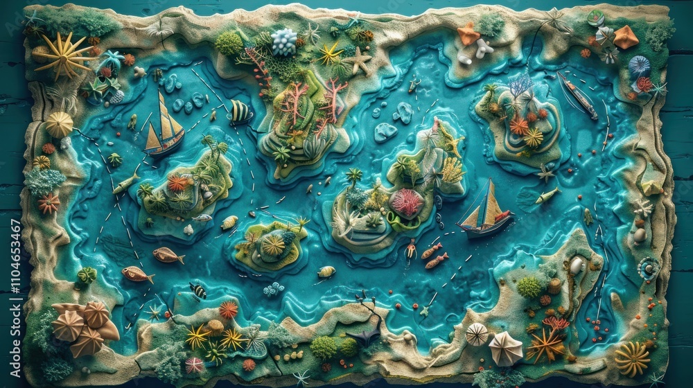 Whimsical 3D ocean map with islands, coral reefs, and sailing ships ...