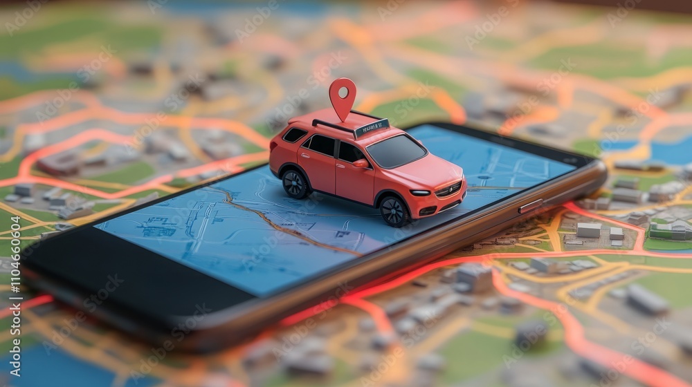 Rideshare app on smartphone showing a car icon approaching the pick-up ...